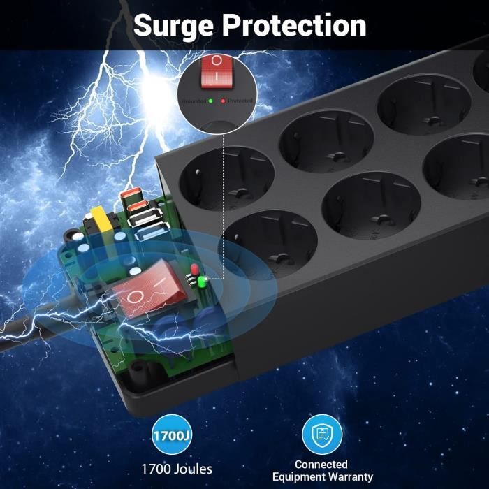 Multiprise Electrique Usb C 12 Prises, Multiprise Parafoudre Jusqu'À ...