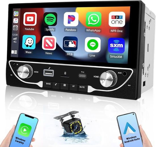Autoradio 2 Din avec Wireless CarPlay & Wireless Android Auto, 6,9" Écran Tactile Car Radio avec ...