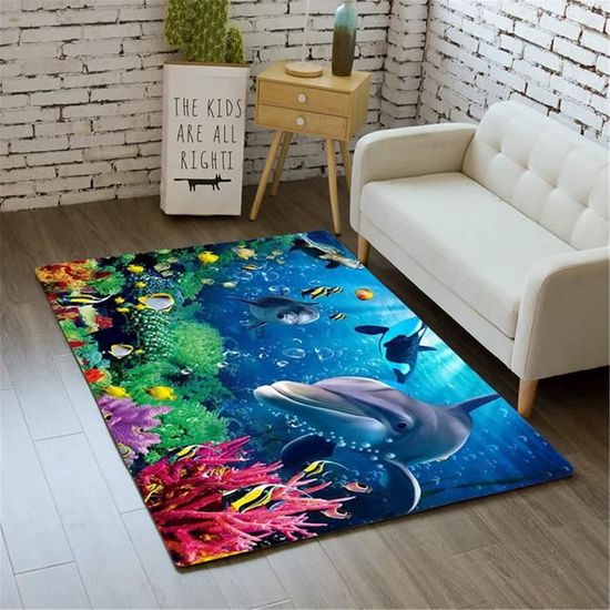 Tapis de Zone 3D Bleu Océan Dauphin Poisson Corail - Flanelle ...