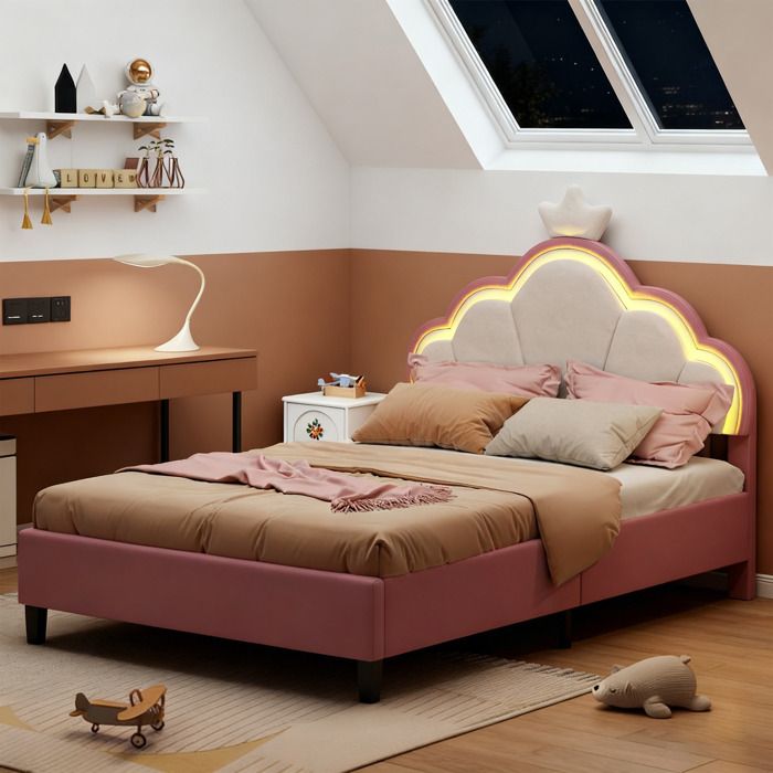 Lit simple enfant 90x200 cm avec LED, Lit capitonné avec tête de lit ...