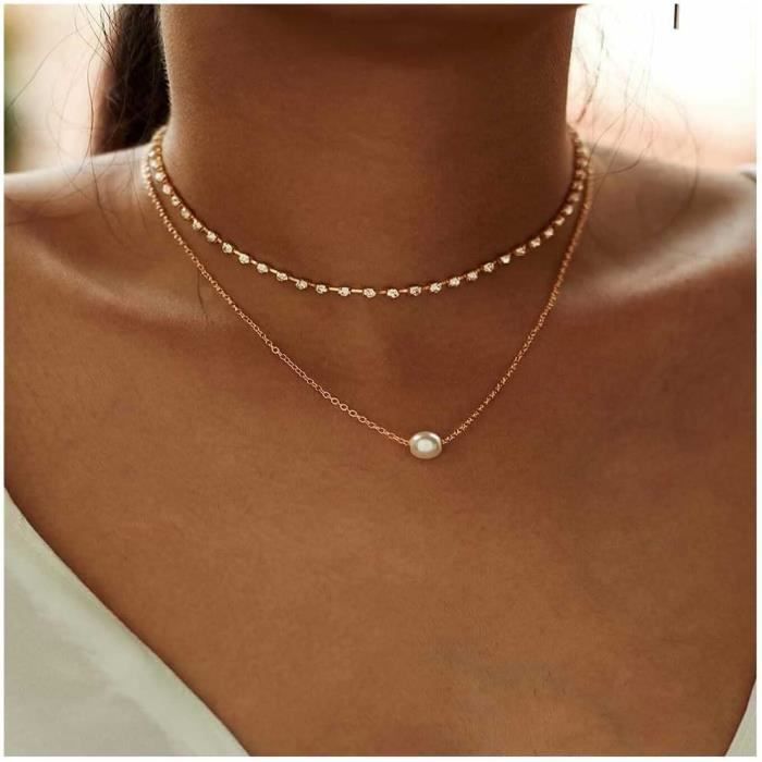 Boho Layered Pearl Collier Ras Du Cou Or Cz Tennis Chaîne Collier ...