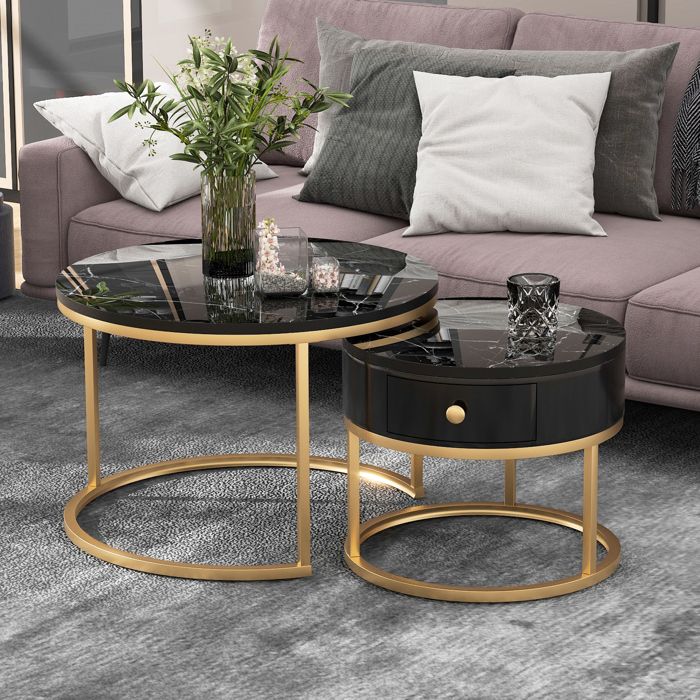 Set 2 Tables Basses Rondes Modernes - Plateau Marbre Brillant Incrusté ...