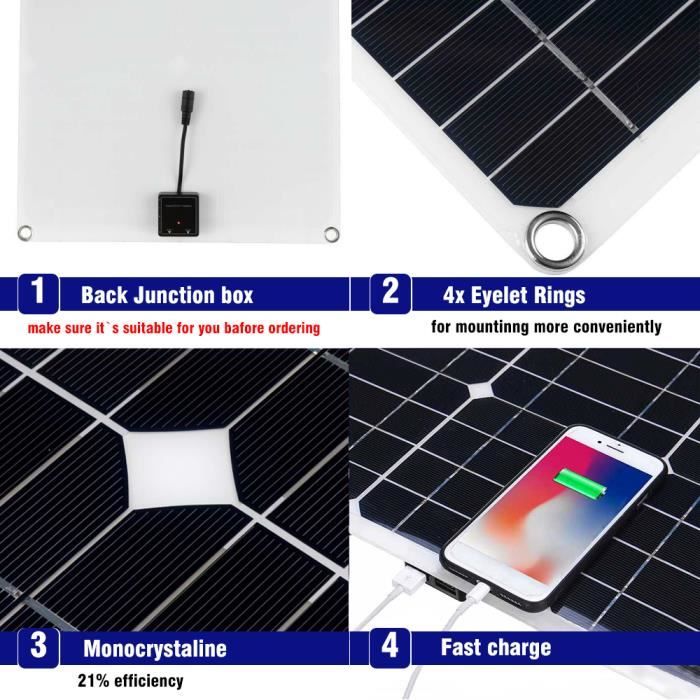 Panneau Solaire 200W+Contrôleur de charge 100A,Monocristallin Panneau Solaire Souple,pour ...
