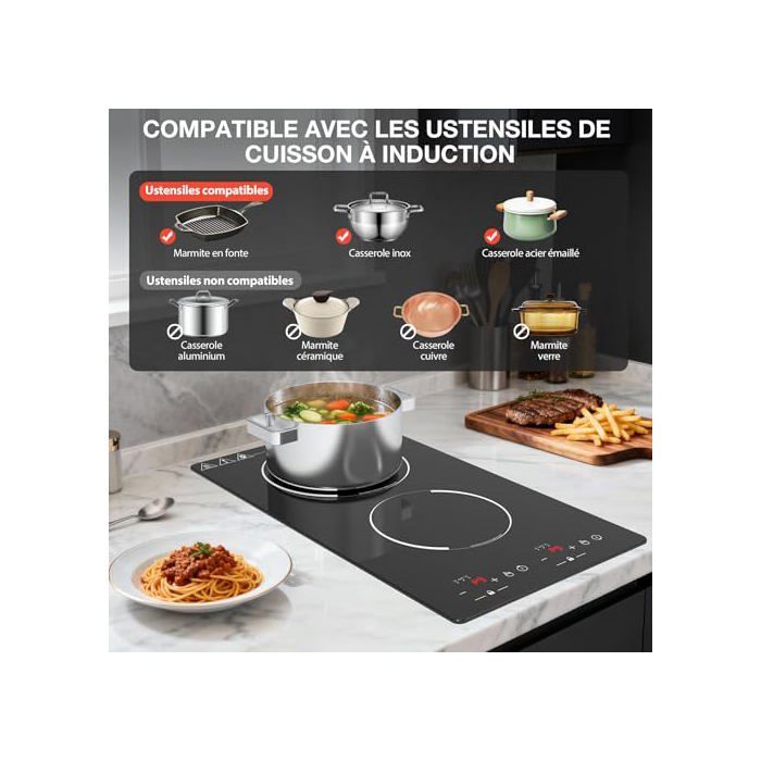 Plaque à induction - GTKZW - 2 feux 3000W (1800+1200W) - 30 cm ...