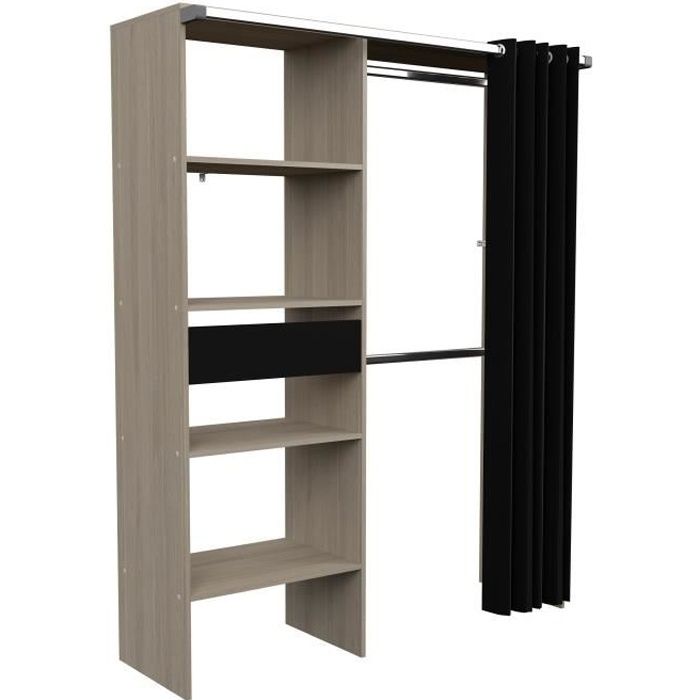 Dressing avec rideau ARTIC - Chêne et noir - 1 colonne + 2 penderies ...