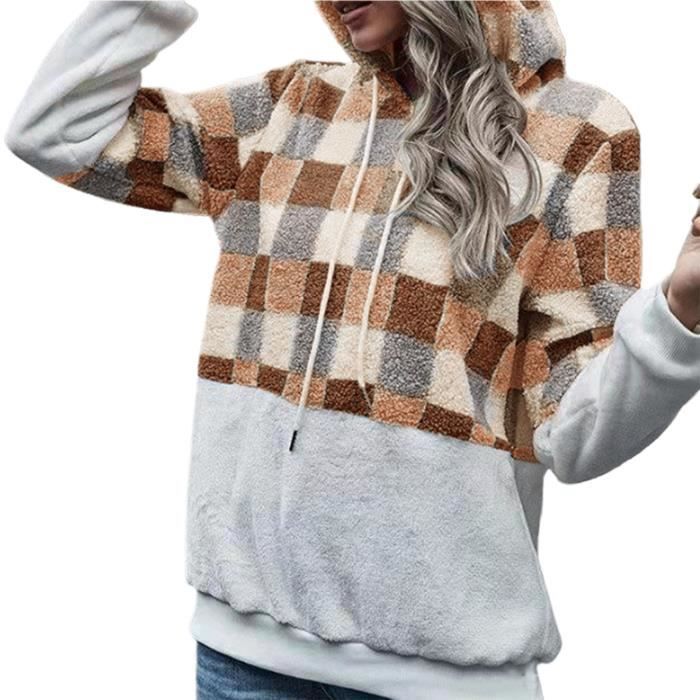 Plaid Couture À Manches Longues Pull À Capuche En Peluche Cordon Coupe Lâche Femmes Sweat ...