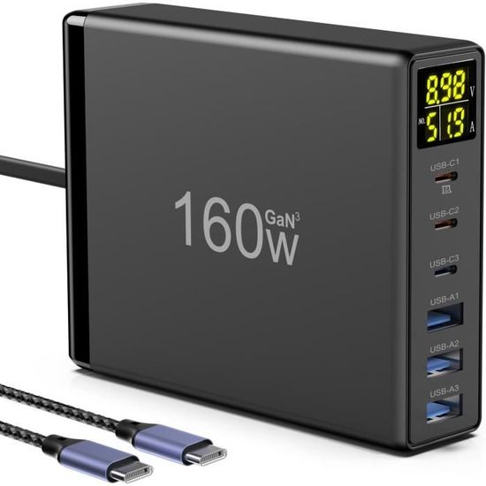 Chargeur Usb C, 160W Gan 6-Port Chargeur Usb C Charge Rapide, Chargeur Secteur Usb Multiple ...