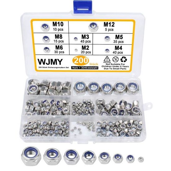WJMY 200PCS Ecrou Nylstop Frein Inox 304 Nylon écrou Autobloquant Ecrous Hexagonal Taille de M2 ...