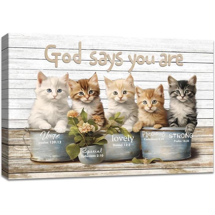 Cadre En Bois Impression Sur Toile Pots De Fleurs Chat Minou Tableau ...