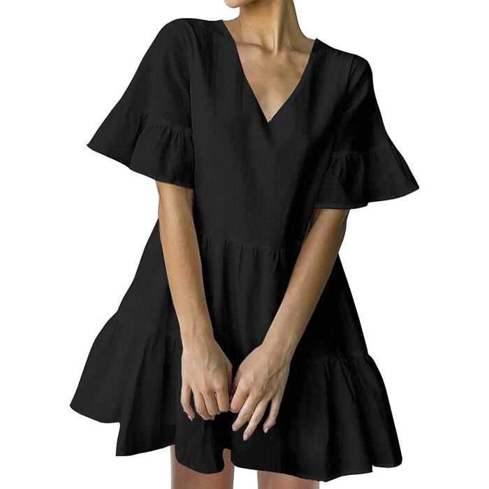 Mini robe courte, V robe ample d'été à col en - le noir Le noir ...