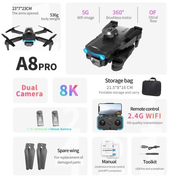 8K-Double C-2B-K750FA-Drone A8 Pro avec caméra HD pour touristes ...