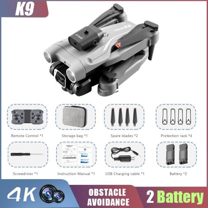 K9-Gris-4K2B - Drone K9 Pro 4K HD professionnel, Double caméra, Grand Angle, Flux optique ...