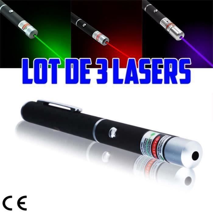 Huiya- LOT DE 3 POINTEUR LASER VERT ROUGE VIOLET PUISSANT POINTER GREEN ...