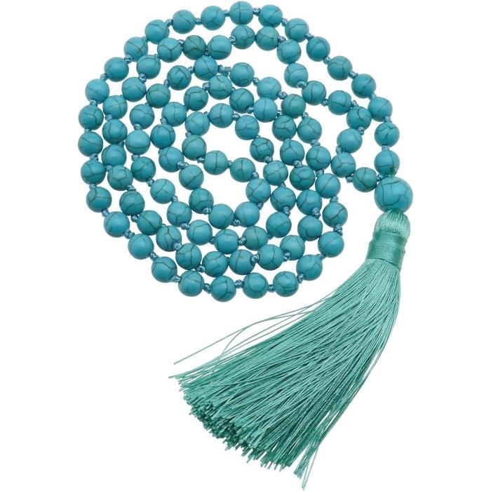 8Mm Turquoise Collier Boho Vintage Long Perlé Gland Main-Noué Rétro ...