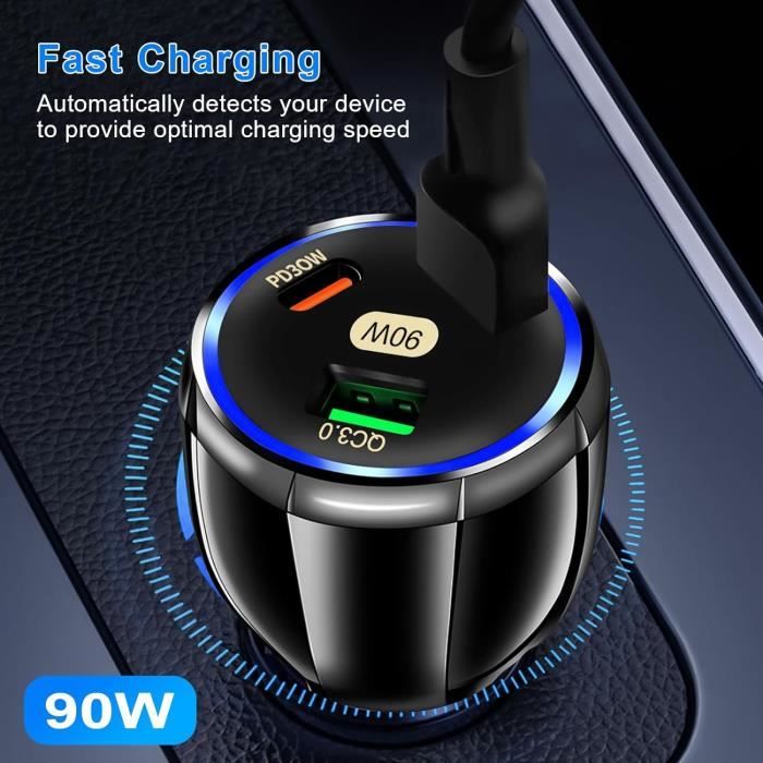 90W Allume Cigare Usb C, Pd Qc 30W Charge Rapide Chargeur Voiture Pour Iphone,Tablet,Samsung ...