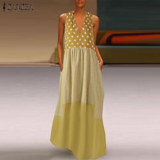 Robe Zanzea 2021 Vintage Couleur Couture Robe Maxi Femmes Dété Robe D