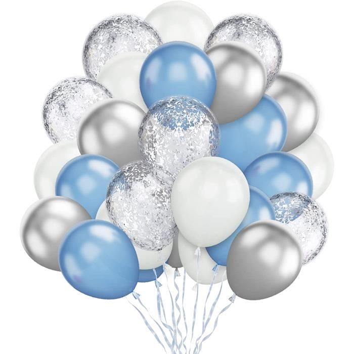 60 Pcs Ballon Anniversaire Bleu Blanc, Perle Bleu Clair Blanc Et Argent ...