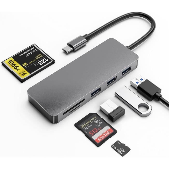 Hub Usb-C, 6 Ports, Slim Data Type-C Hub, 3 Usb 3.0 5Gbps, Lecteur De ...