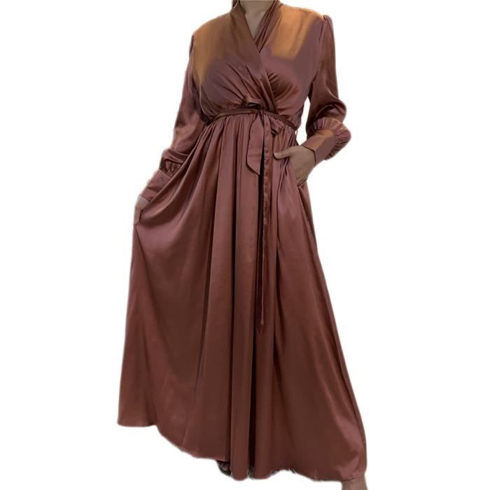 Femme Robe Long Col V Robe Manches Longues Avec Ceinture Unie Elégante ...