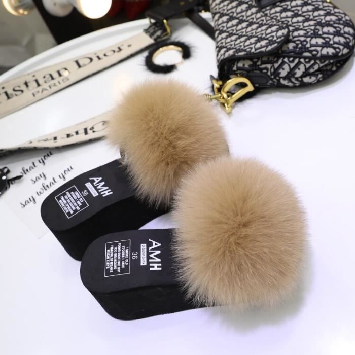 Chausson,Pantoufles à semelles compensées pour femmes, en fourrure de ...