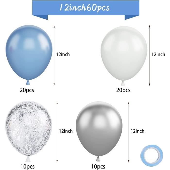 60 Pcs Ballon Anniversaire Bleu Blanc, Perle Bleu Clair Blanc Et Argent ...