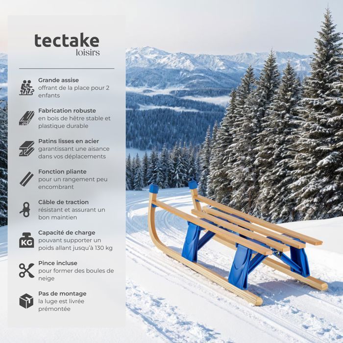 Traineau - TECTAKE - Luge pliable JEFFREY en bois de hêtre et plastique ...