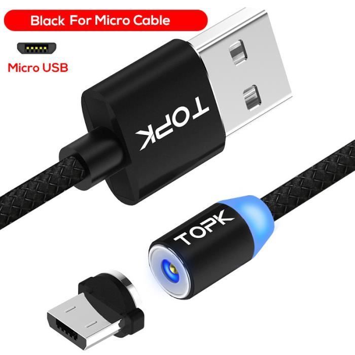 1 câble noir 1 prise taille 2m câble Micro USB magnétique LED, câble de ...