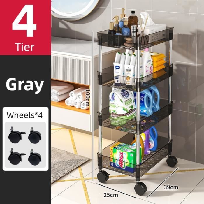 Chariot roulant transparent à 4 niveaux - Porte accessoire - Gris ...