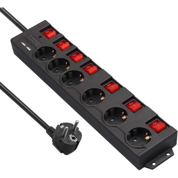 Multiprise Avec 6 Prises & 2 Usb & 7 Interrupteurs, 3680W Max, Montage ...