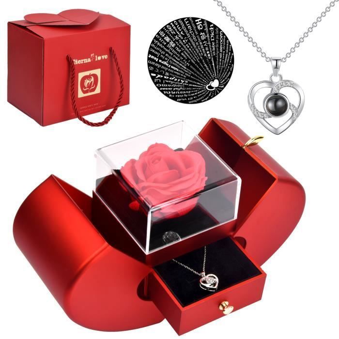 Coffret Cadeau Saint Valentin Rose Éternelle + Collier Femme Pendentif ...