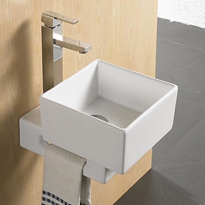 Support Vasque avec porte serviette, Carré, Céramique Blanc, Ness (46 ...