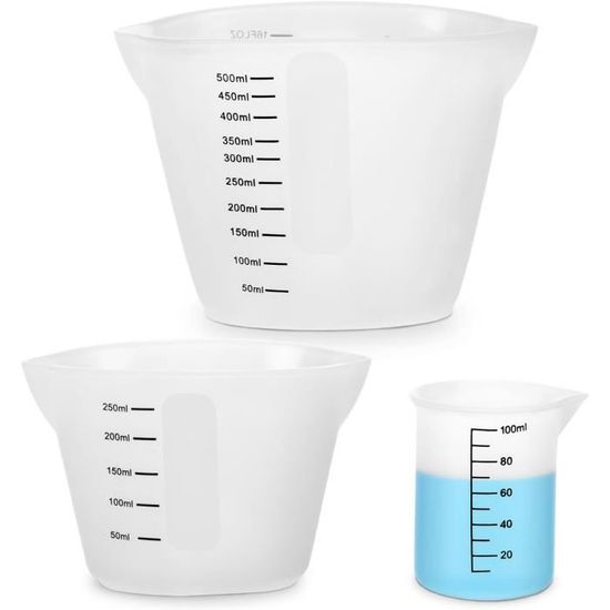 Verre Doseur Set(100 ml-250 ml-500 ml) Tasse à Mesurer Graduée, Verre Mesureur en Silicone ...