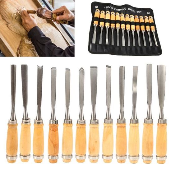 12 PCS Bois Sculpture Main Ciseau Set Bois Professionnel Tour Gouges Outils - Cdiscount Beaux ...