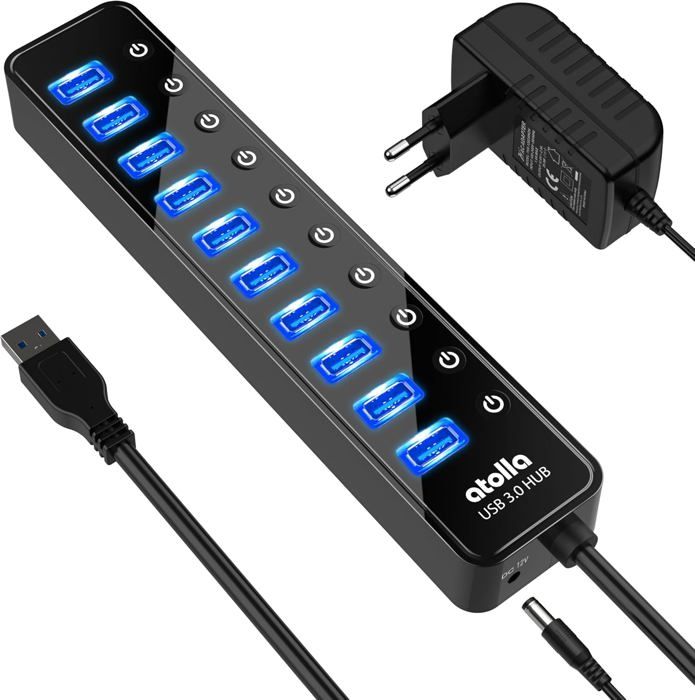Hub USB Alimenté, atolla Hub USB 3.0 Multiprise 10Ports avec de commutateurs et des LED d ...