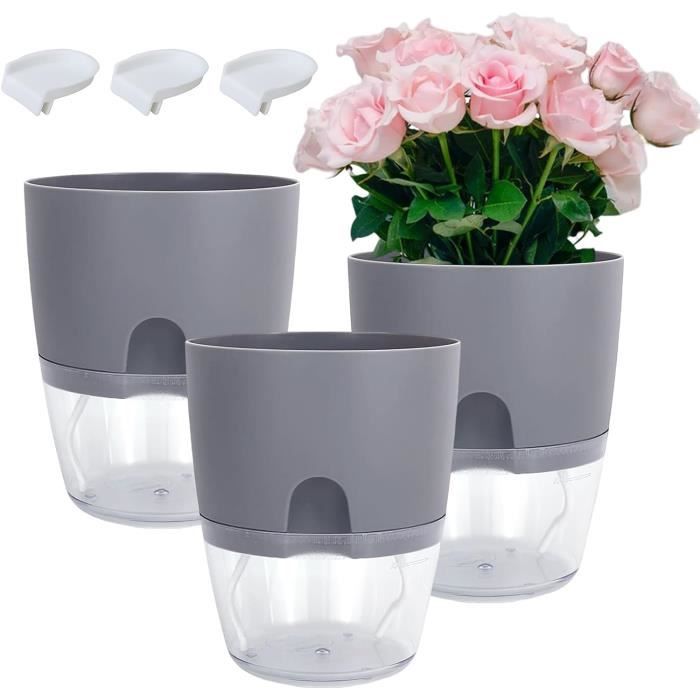 3 Pièces Pot De Fleur Exterieur Gris Automatique Pots Avec Système D'Arrosage Automatique Pot ...