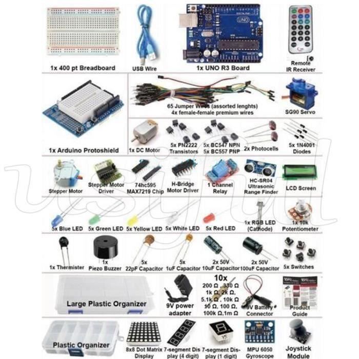 Kit starter Arduino UNO R3 avec support Step Motor - Servo - 1602 LCD ...