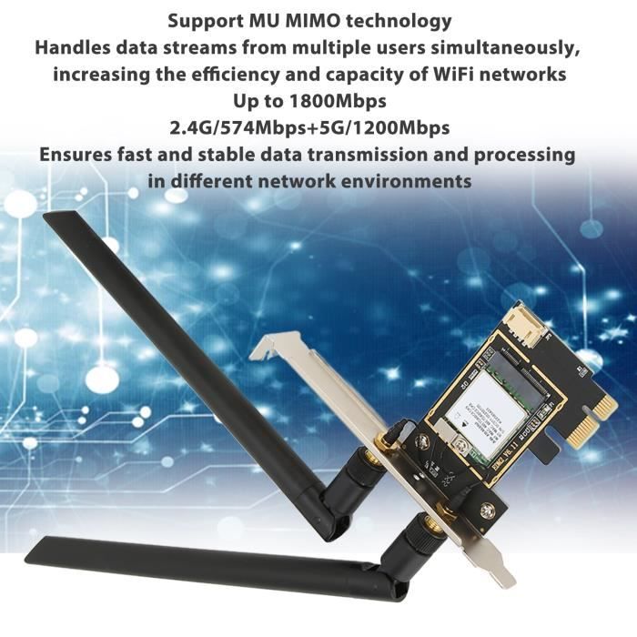 ROM Carte Wifi Pcie 1800 Mbps Carte Sans Fil Wifi 6 Pcie Avec 2 Antennes 1800Mbps 2.4Ghz 5Ghz ...