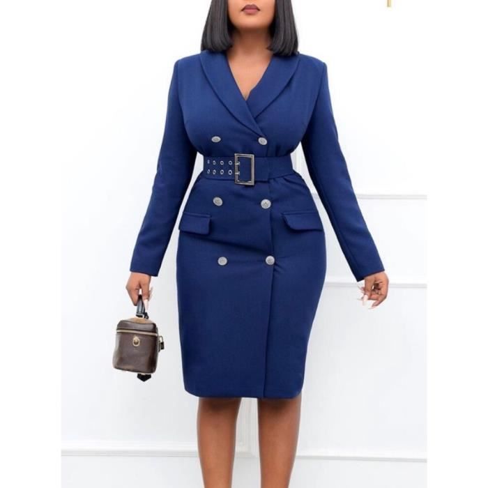 Femmes Blazer robe Double boutonnage ceinture Stretch genou robe bureau ...