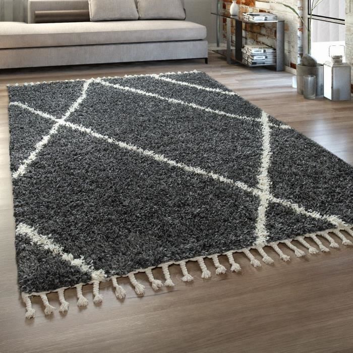 Tapis Shaggy Gris Salon Poils Longs Anthracite Motif Losanges Design Scandinave [160x220 cm ...