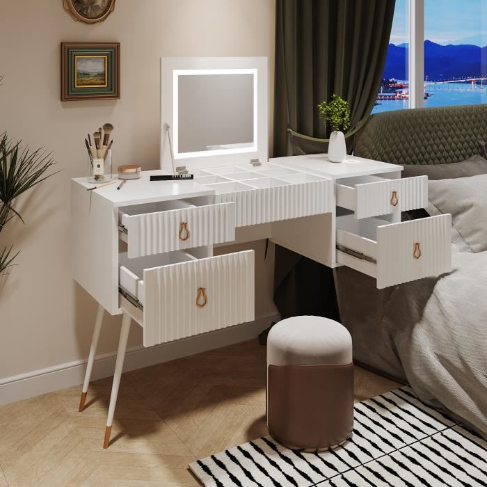 Coiffeuse - REDOM - Blanc - 1 Miroir LED Réglable - 4 Tiroirs ...