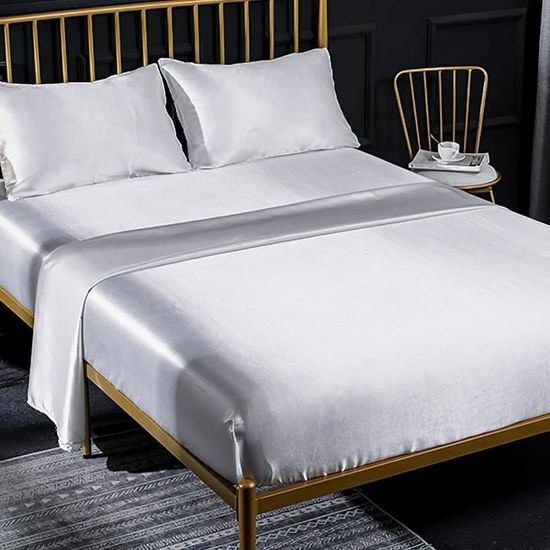 Ensemble 4 Pièces De Draps De Lit En Satin Couleur Unie 1 X Drap Housse ...