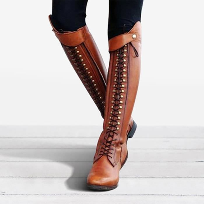 Bottes de chevalier à lacets pour femmes Western Platform Cowboy bout ...