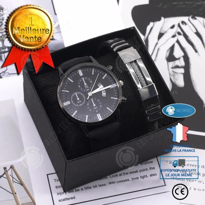 Montre - LUNAVO - Grand Cadran - Quartz - Noir - Coffret Cadeau Noir ...