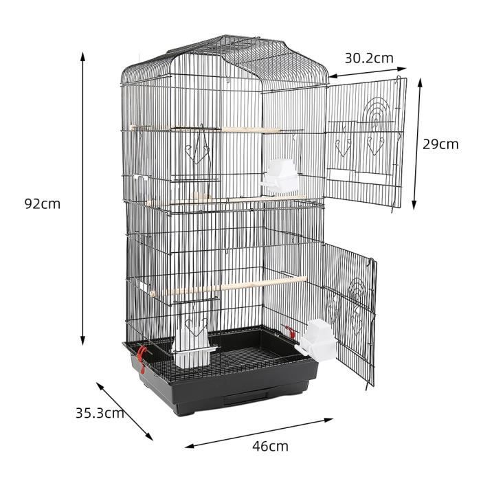Volière - Cage Oiseaux - Metal - Noir - Avec 4 mangeoires, 3 perchoirs ...