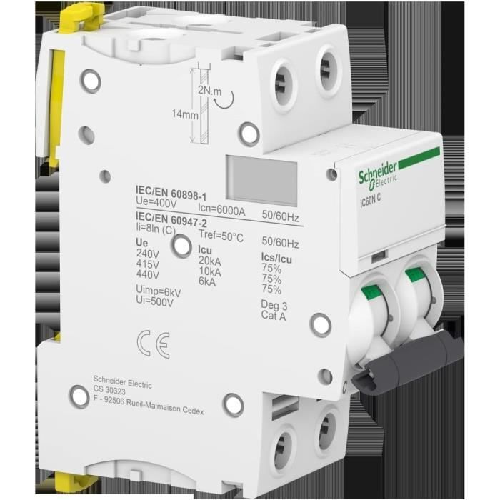 Acti9, Ic60N Disjoncteur 2P 2A Courbe C - A9F74202[H28] - Cdiscount ...