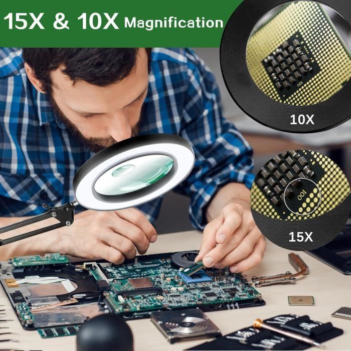 Lampe Loupe de Bureau 10X 15X et LED, Loupe Sur Pied avec 3 Modes de ...