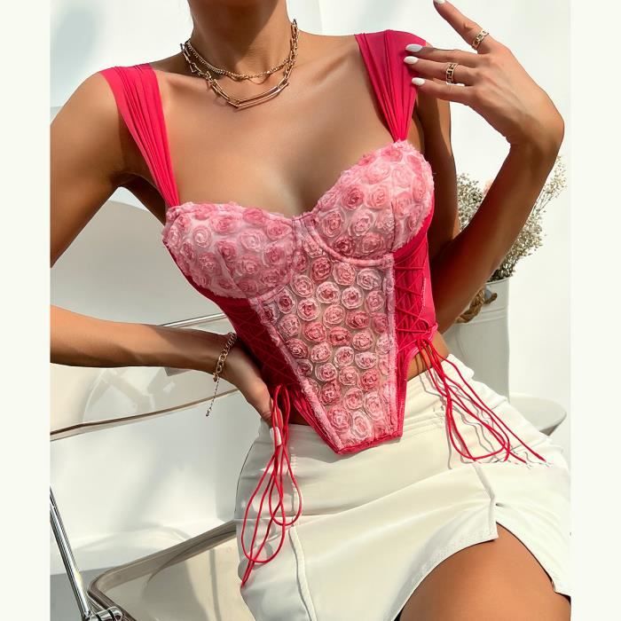 Corset sexy pour femmes - K0319 - rose red - bustier haut court sous le buste lingerie soutien ...