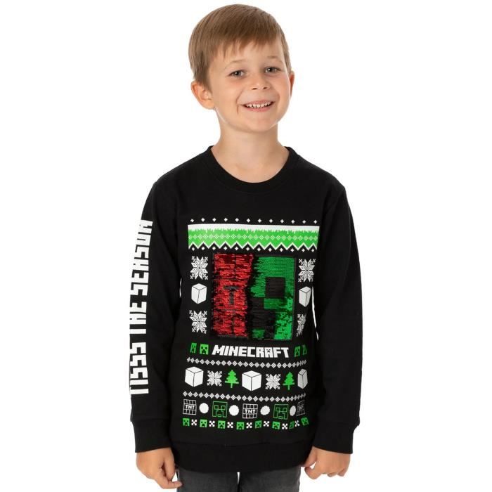 Pull Minecraft Enfant - Creeper - Sequins - Col ras-du-cou - Manches ...
