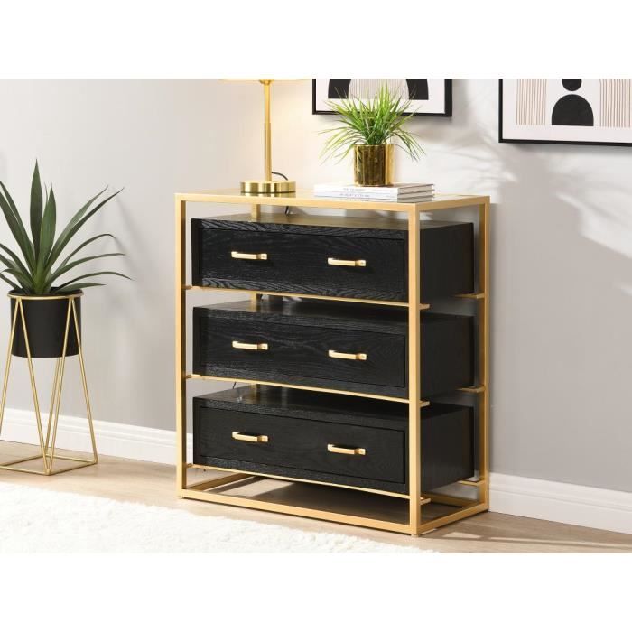 Commode avec 3 tiroirs - MDF, verre trempé et métal - Noir et doré ...