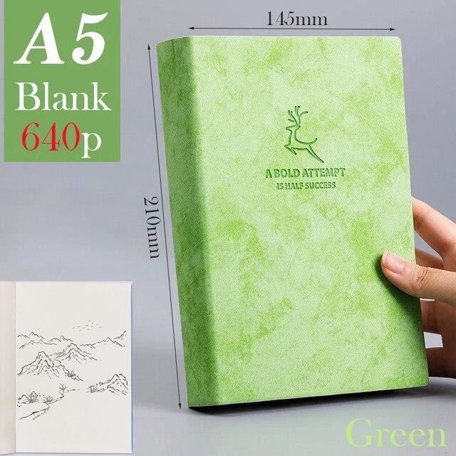 CAHIER,A5 Green Blank--Carnet blanc très épais, 80g-m2, 320 feuilles de ...